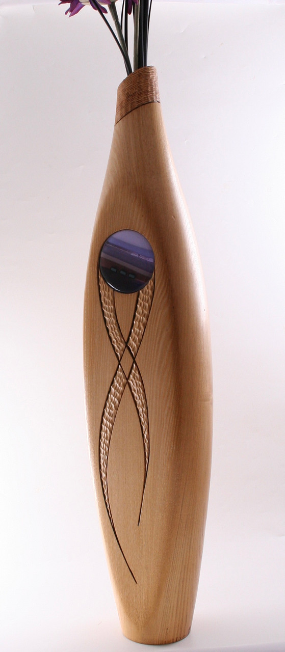 Ash Sleeper Vase with Smoked Carved 'Arc' Detail and Fused-Glass Discs ...