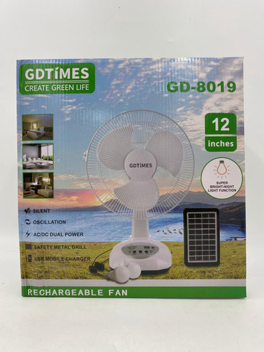 FAN 12" GDTIMES GD-8019 SOLAR RECHARGEABLE DESK AC/DC DUAL POWER - A ...