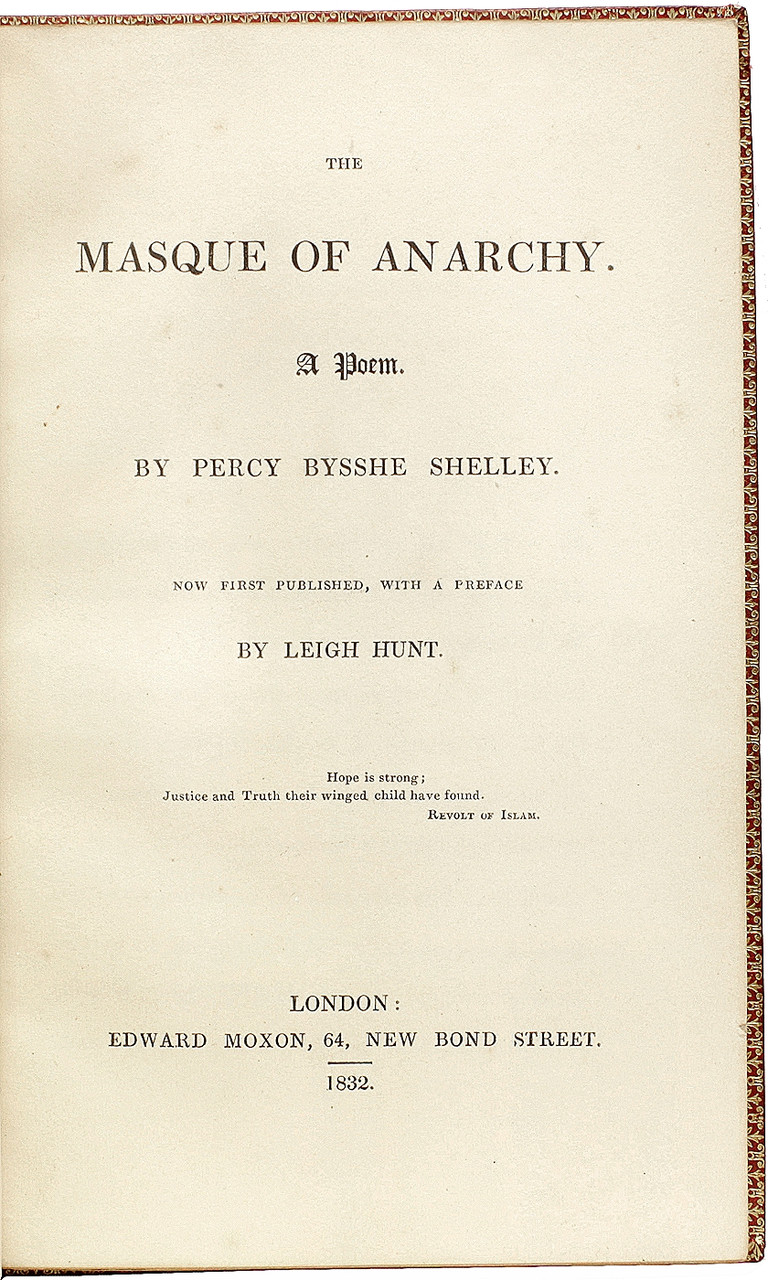 SHELLEY, Percy Bysshe. The Masque of Anarchy. (1832 - FIRST EDITION)