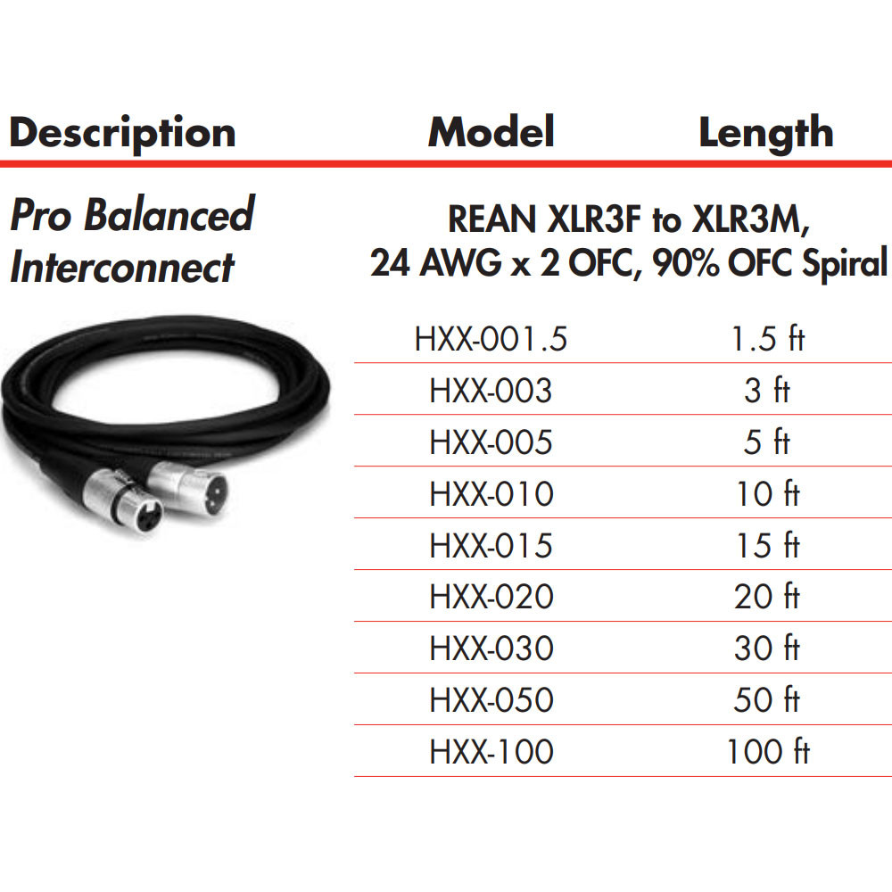 HOSA PRO HXX050 PRO BALANCED INTERCONNECT, REAN XLR3F TO XLR3M, 50 FT ...