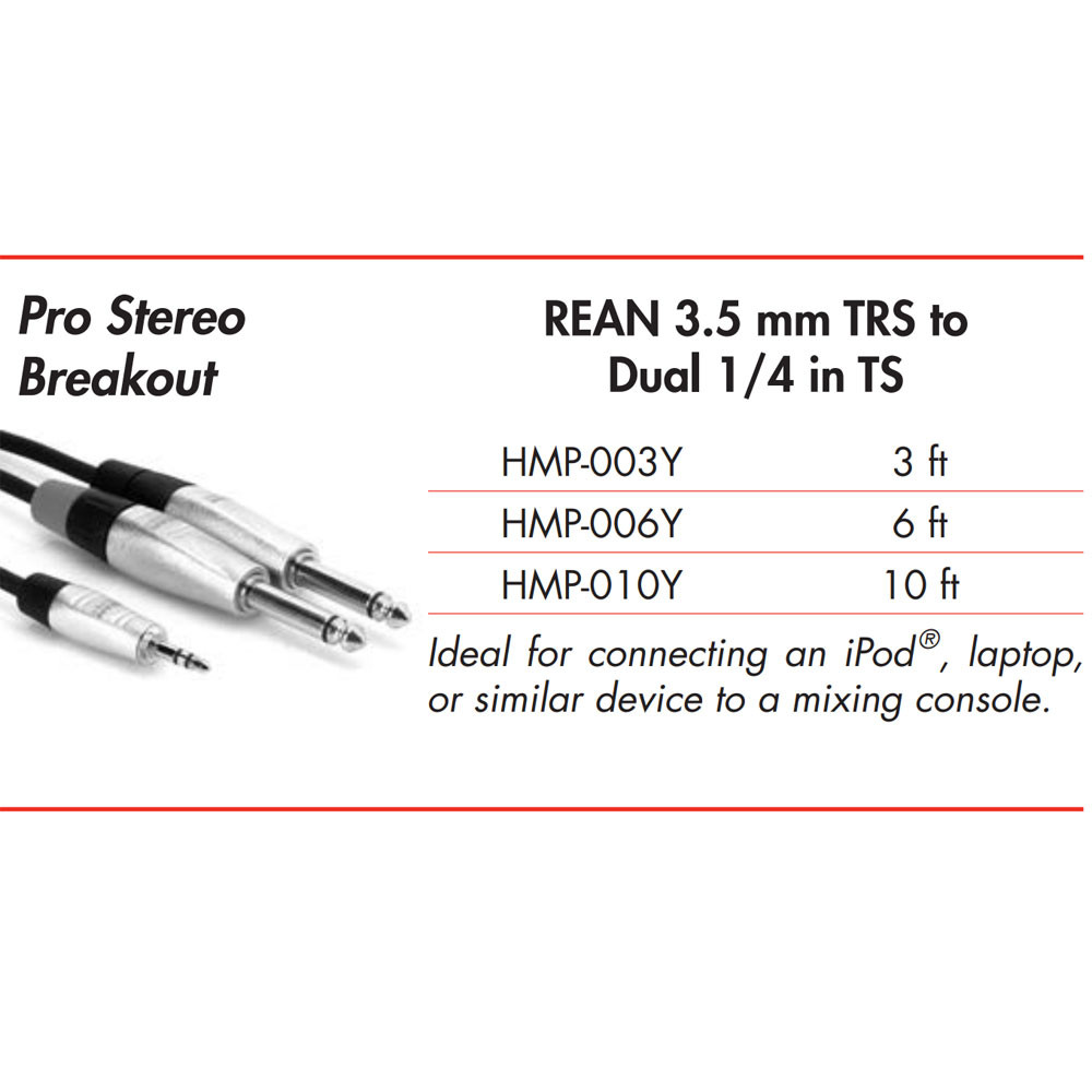 HOSA PRO HMP010Y PRO STEREO BREAKOUT, REAN 3.5 MM TRS TO DUAL 1/4 IN TS ...