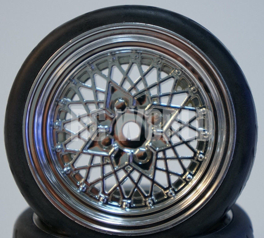RC Car 1/10 WHEELS Tires SEMI-SLICK 3MM Offset CHROME MESH RIMS - RC WORLD
