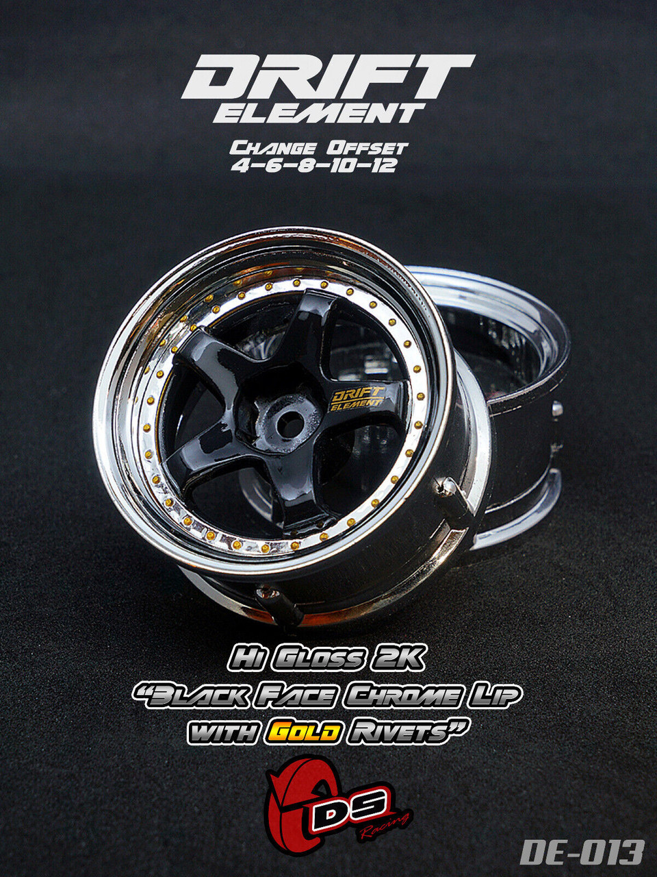 DS Racing 1/10 5 SPOKE RIMS Adjustable Offset Wheels BLACK / CHROME- DE ...