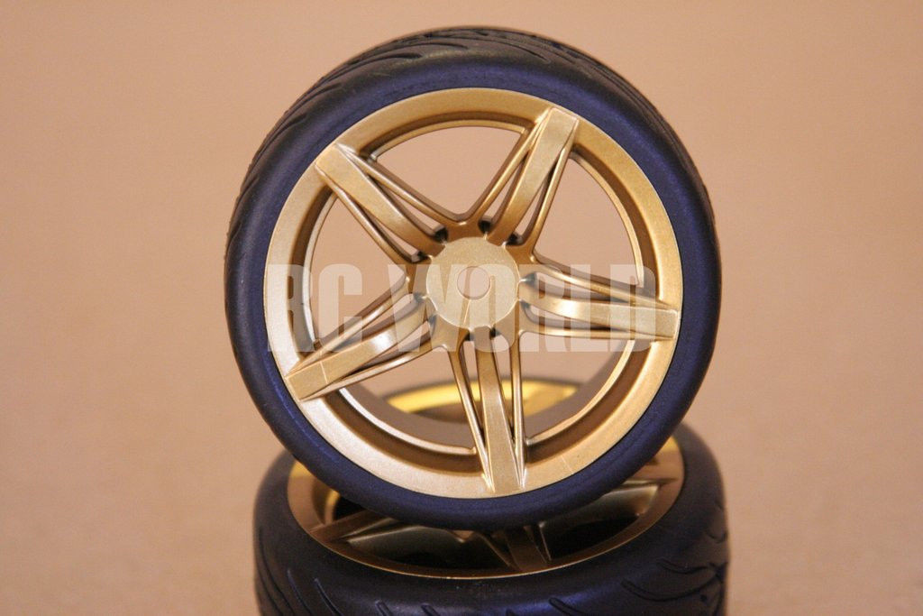 RC 1/10 Car Tires Wheel Set GOLD 5 STAR Rims Semi Slick Tires - RC WORLD