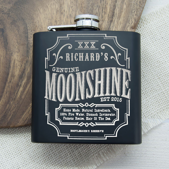 Personalised Black Moonshine Design Hip Flask | The Kitchen Gift Company