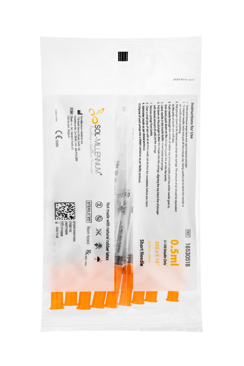SOL-M Insulin Syringe 30G – U-100, Fixed Needle, PE Bag