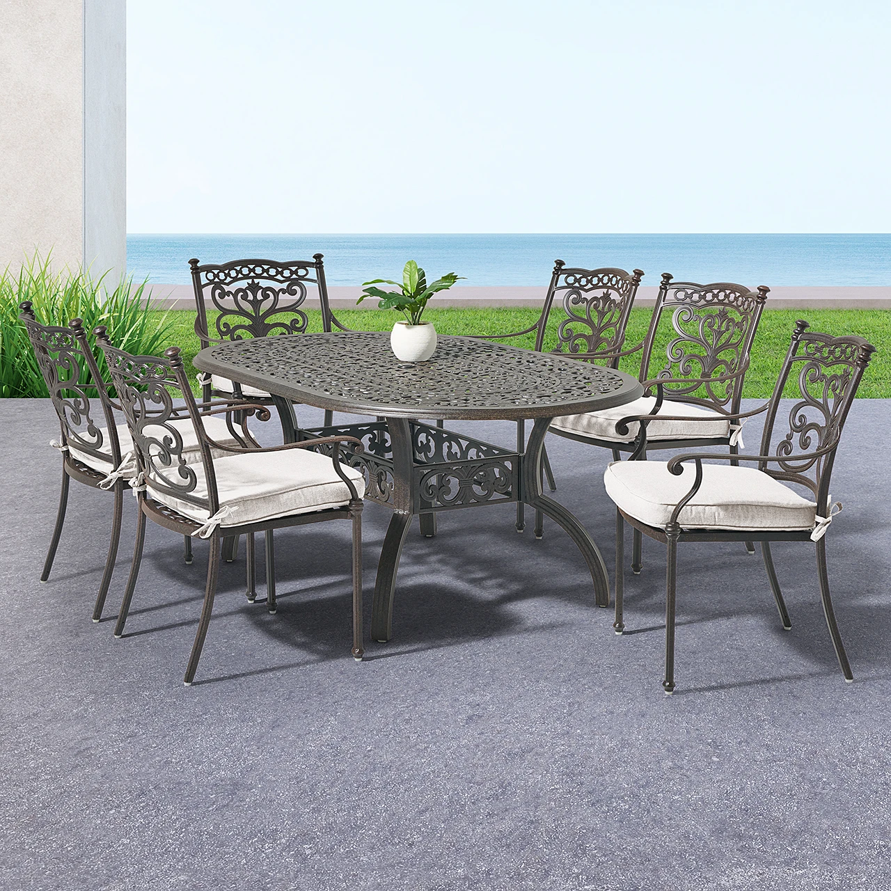 Milan Aged Bronze Cast Aluminum with Cushions 7 Piece Dining Set + 72 x ...
