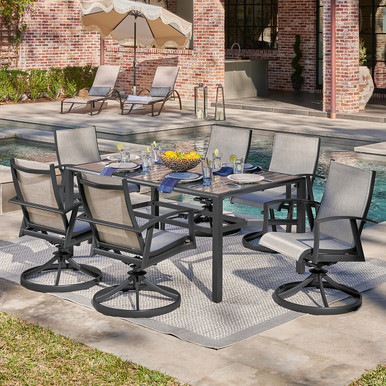 Ventura Textured Black Aluminum with Mica Pearl Sling 7 Piece Swivel Dining Set 66 x 44 in. Table Chair King Backyard Store