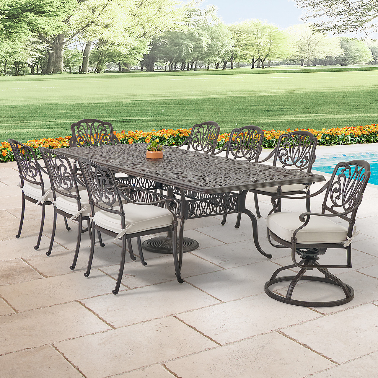 Cadiz Aged Bronze Cast Aluminum with Cushions 9 Piece Swivel Combo ...
