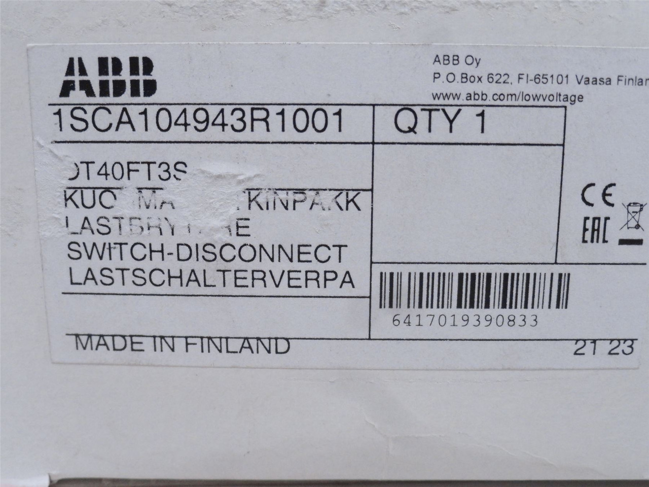 ABB OT40FT3; Switch Disconnector; 3 Pole; 750VAC; 40A - Austin Surplus Industrial, Inc.