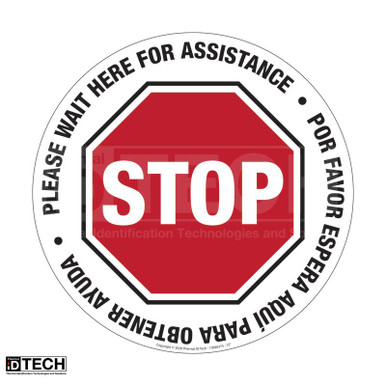 Please Wait Here for Assistance - STOP - 15" Vinyl Circle Floor Safety Sign