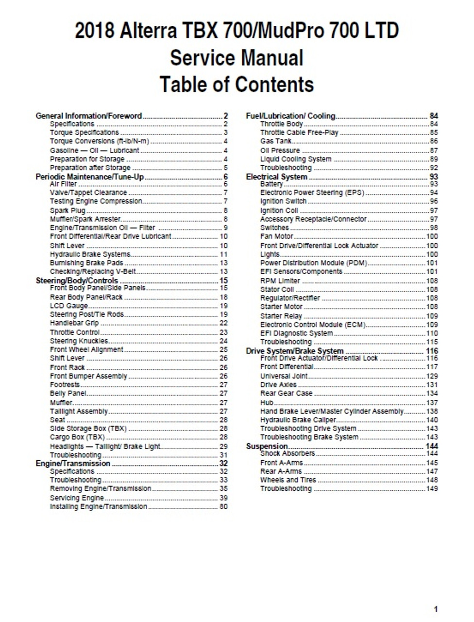 Arctic Cat / Textron 2018 Alterra TBX 700 Service Manual