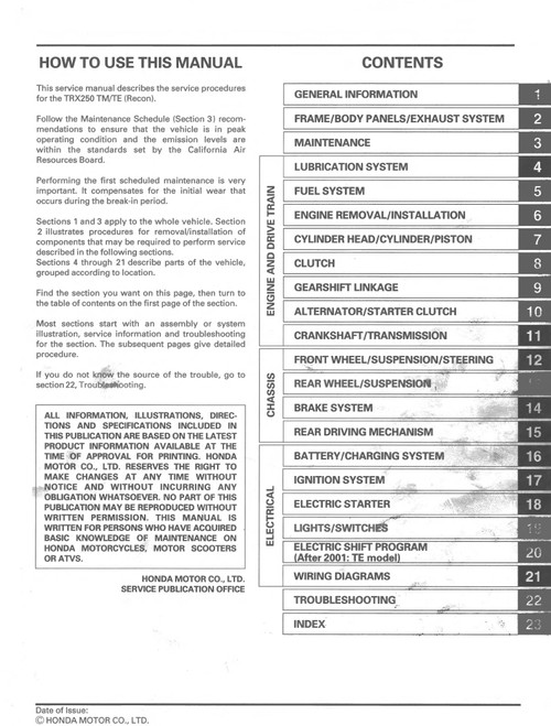 Honda 2002 TRX 250 Fourtrax Recon ATV Service Manual