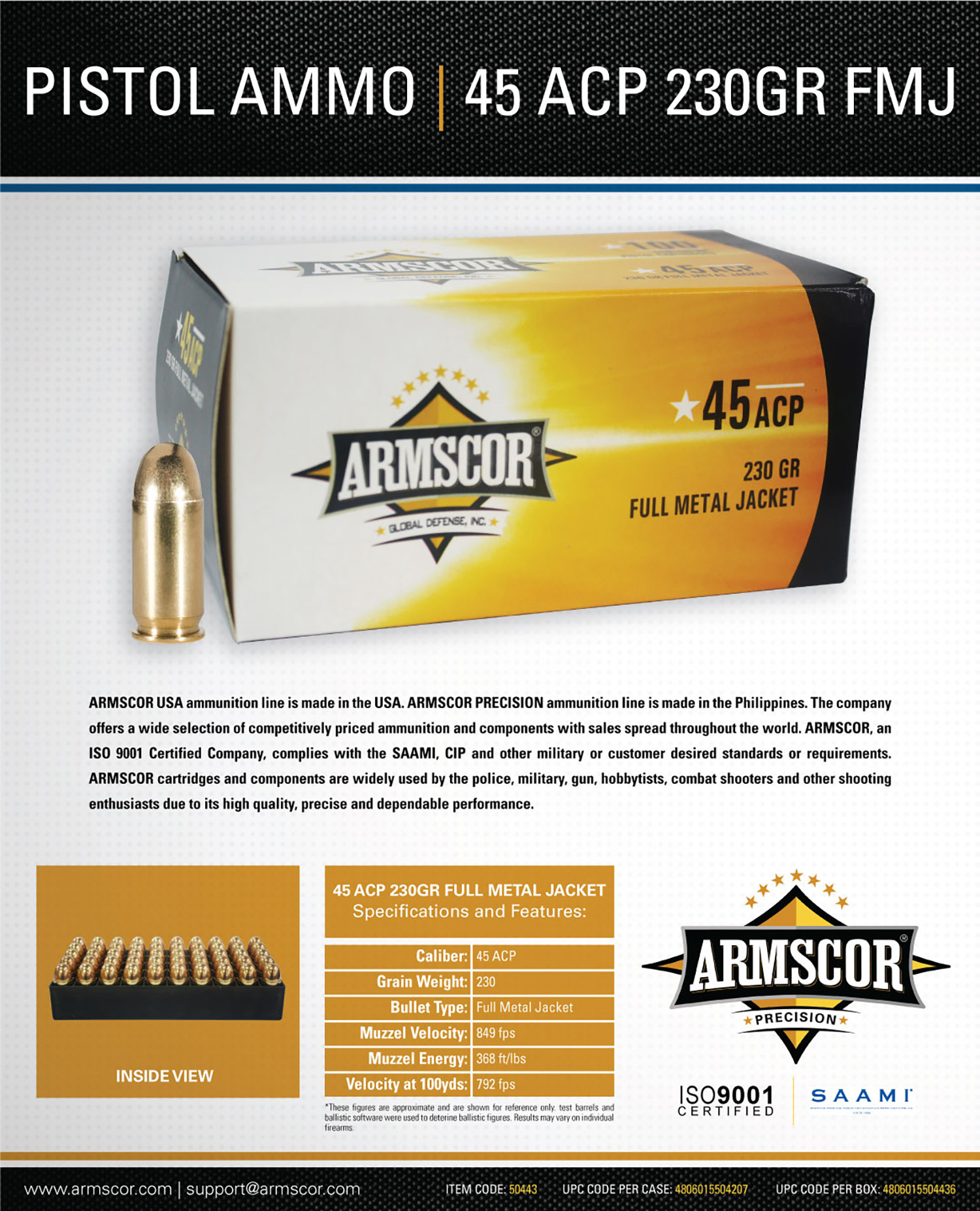 ARMS 50443 45ACP 230GR FMJ - VALUE PACK 100/12