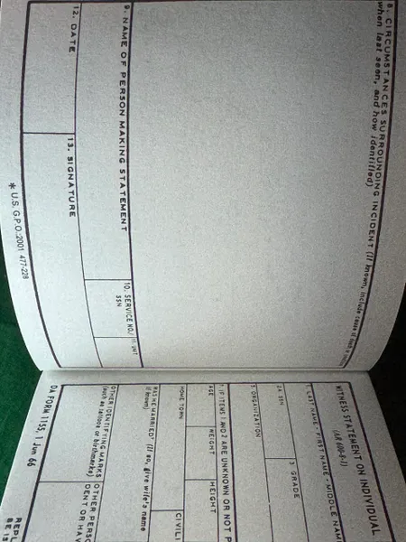 US MILITARY BOOKLET | WITNESS STATEMENT ON INDIVIDUAL | DA FORM 1155 ...