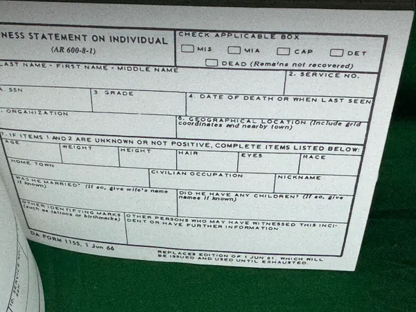 US MILITARY BOOKLET | WITNESS STATEMENT ON INDIVIDUAL | DA FORM 1155 ...