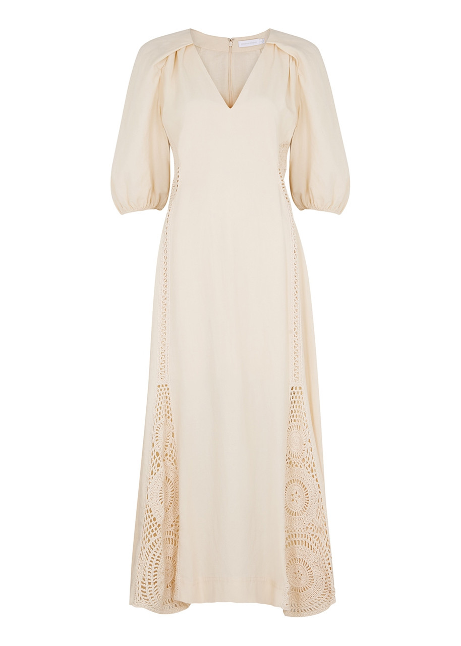 SIMKHAI Ivory crochet-trimmed woven midi dress | Harvey Nichols