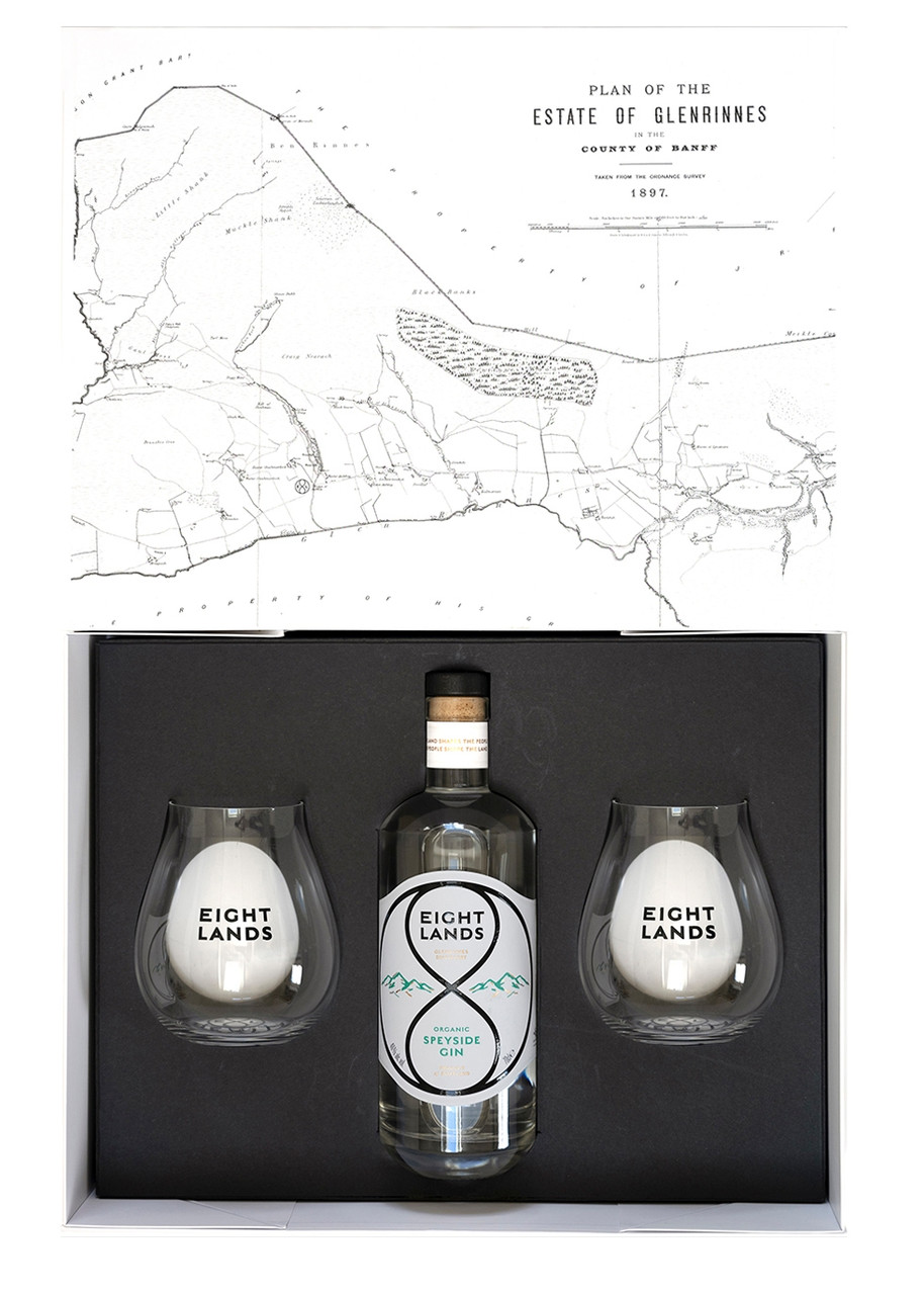 GLENRINNES Eight Lands Organic Speyside Gin & Riedel Glasses Gift Box ...