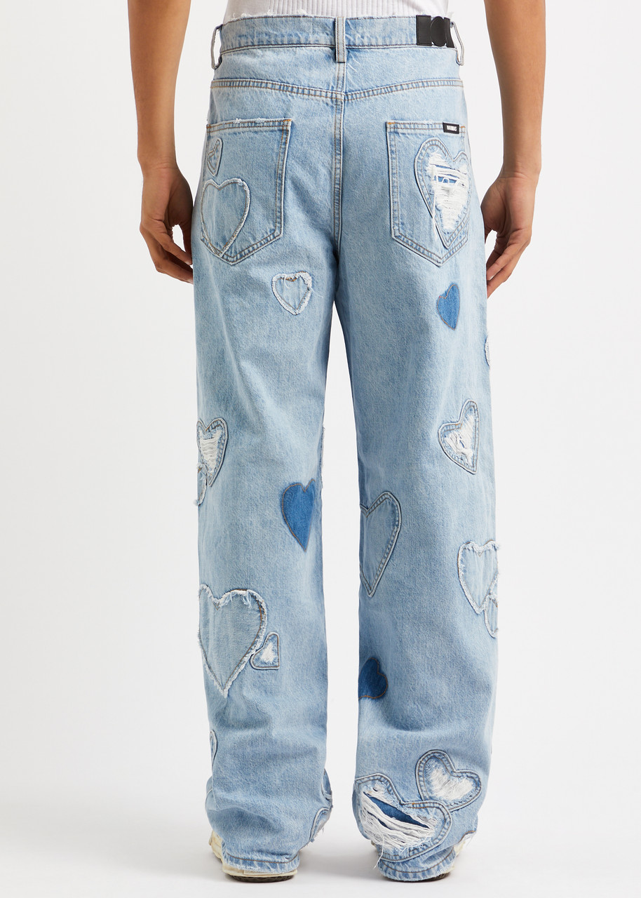 Dademeo Heart Print Denim Pants for Men Casual Button Zipper Rip 並行輸入品