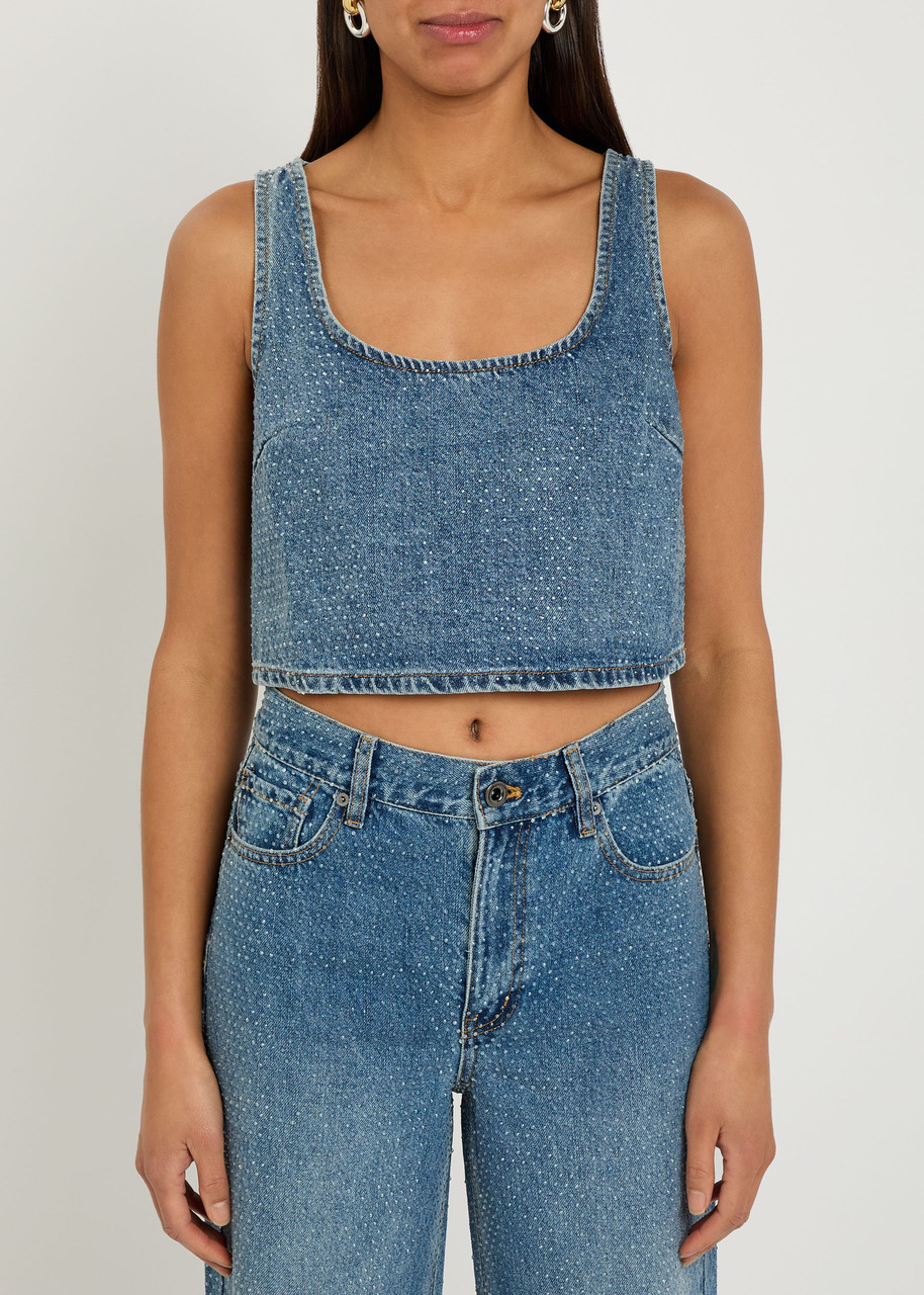 SELF-PORTRAIT Crystal-embellished denim crop top | Harvey Nichols
