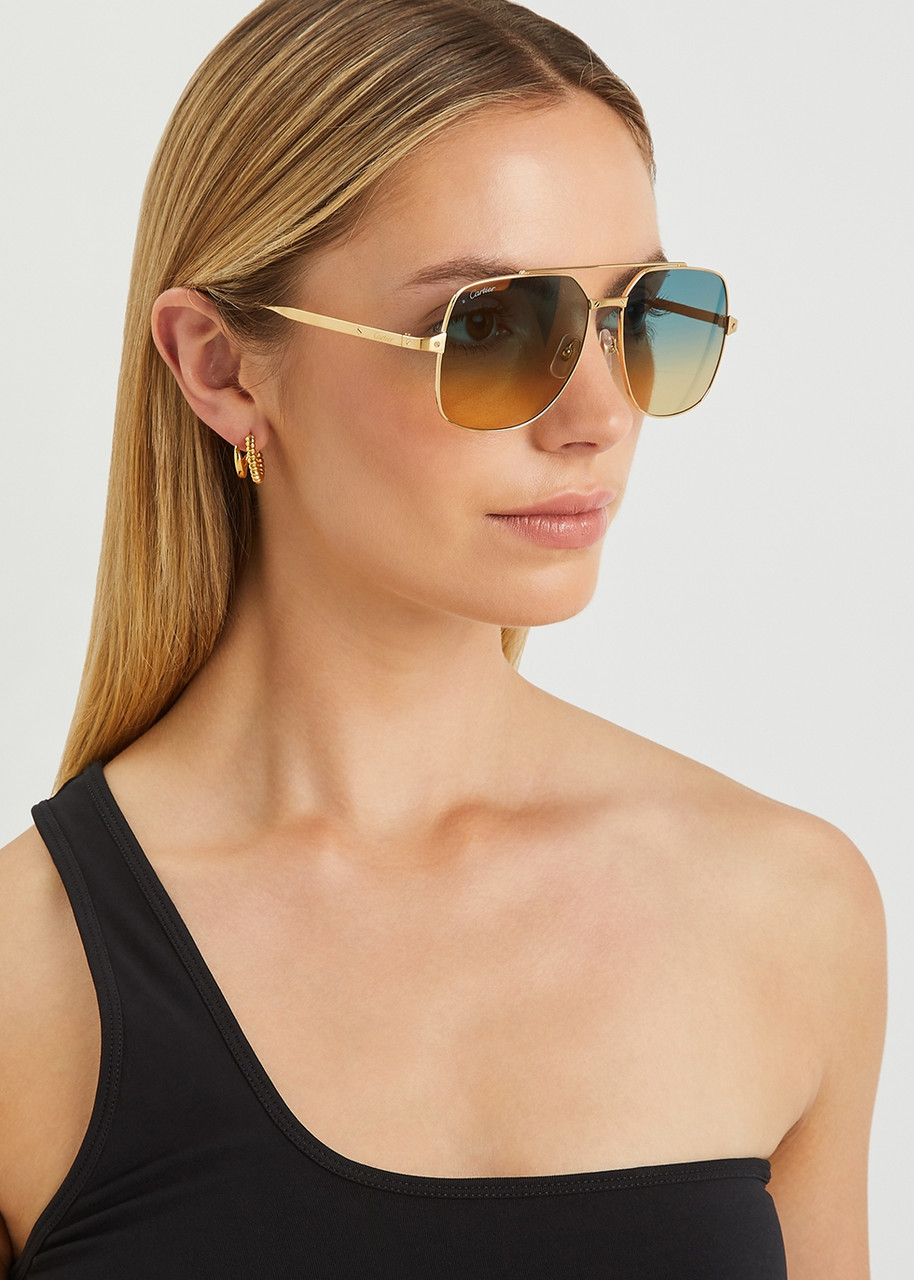 Cartier Santos De Cartier Gold Tone Aviator Style Sunglasses Harvey