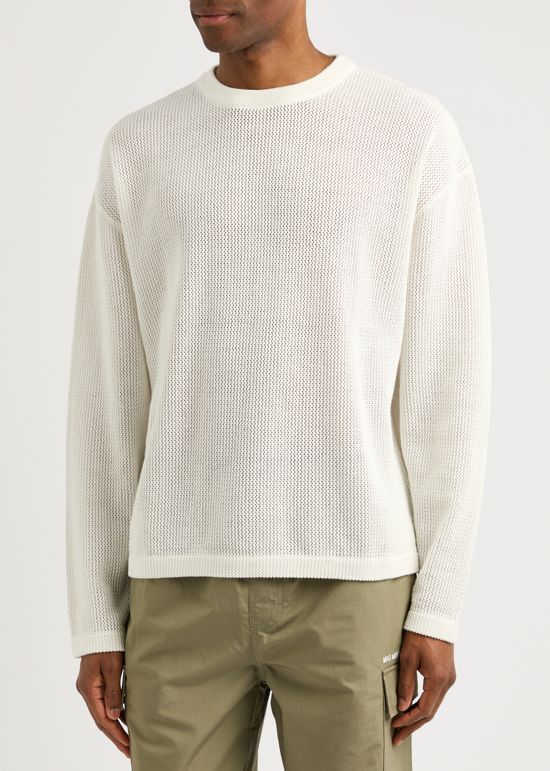 MKI MIYUKI ZOKU Logo-embroidered open-knit cotton jumper | Harvey Nichols