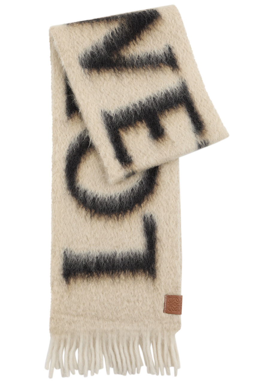 Loewe Logo-intarsia Wool-blend Scarf In Neutral | ModeSens