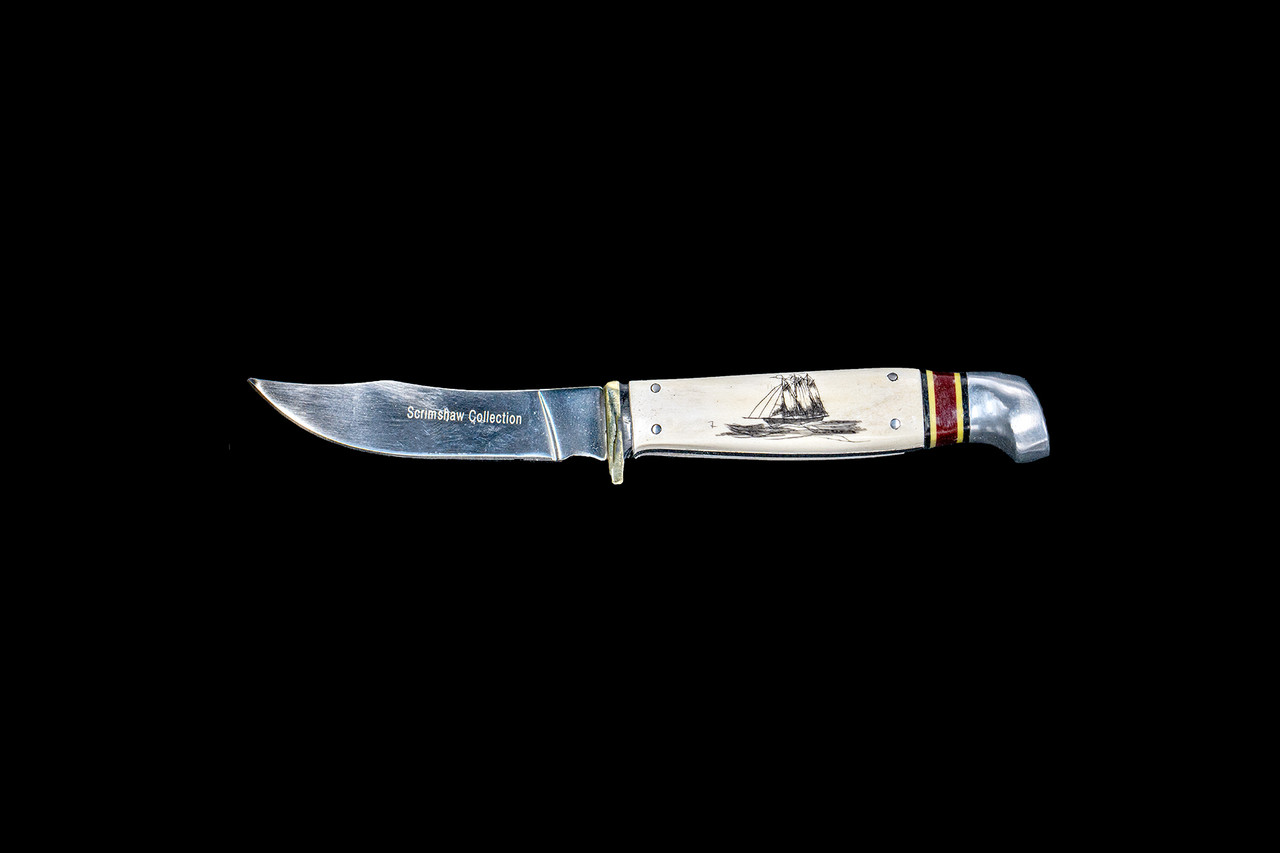 Etched Tall Ship Moose Drop Antler Handled Straight Blade Knife