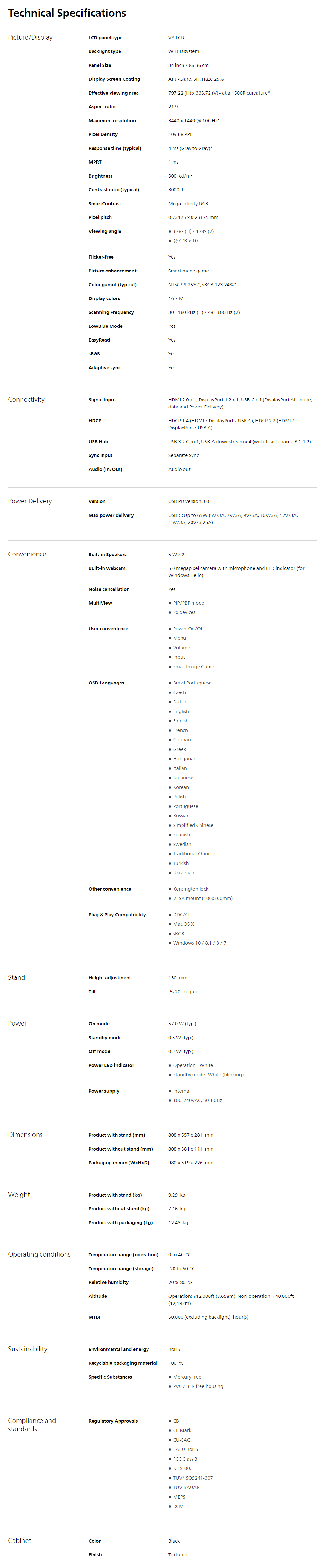 Philips 34E1C5600HE 34" UltraWide Curved Business Monitor