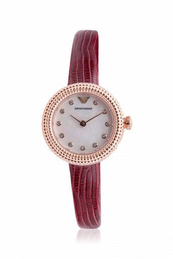 Emporio Armani Rose Gold-Tone Burgundy Leather Ladies Watch AR11417 ...