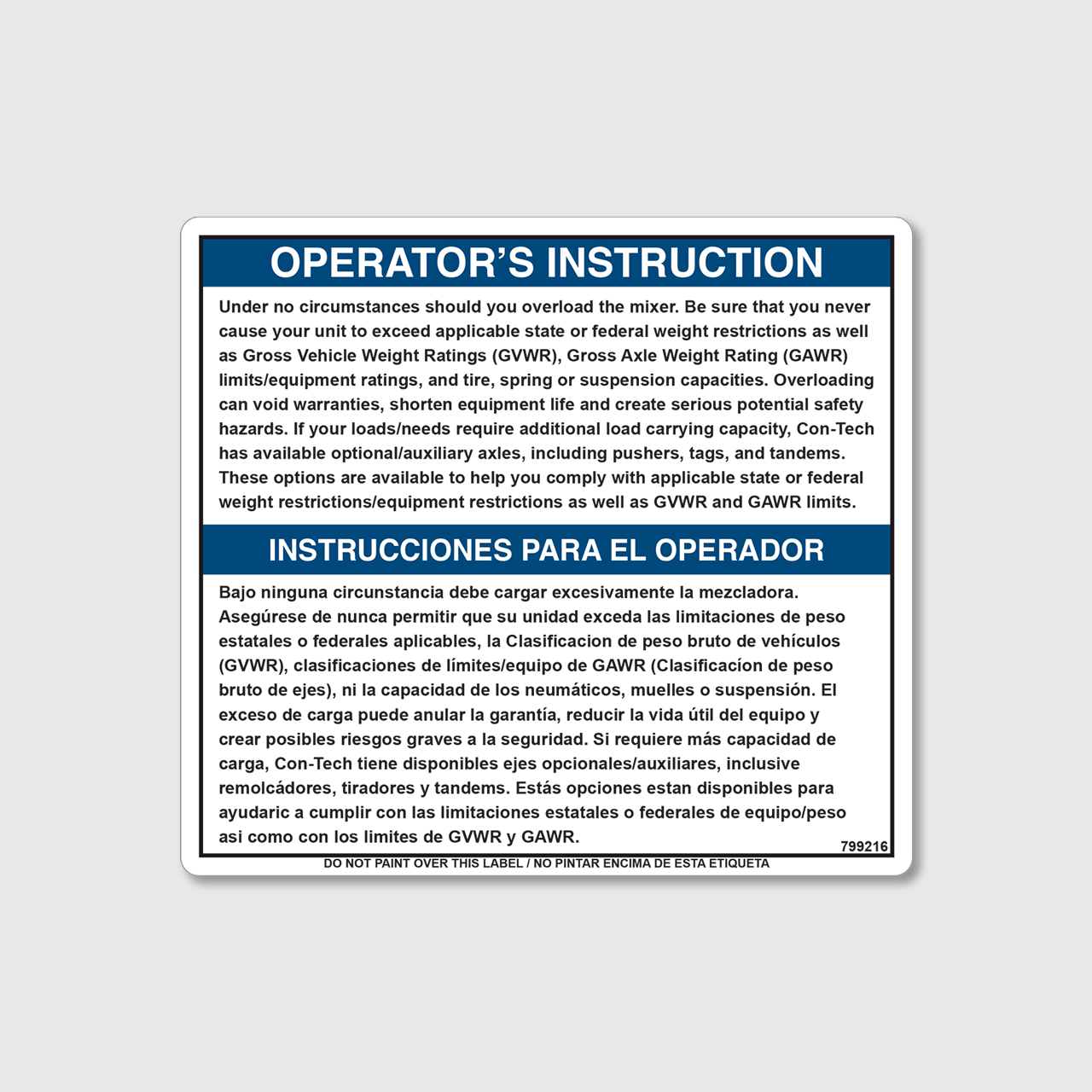 Instruction - Do Not Overload Decal - Con-Tech Manufacturing