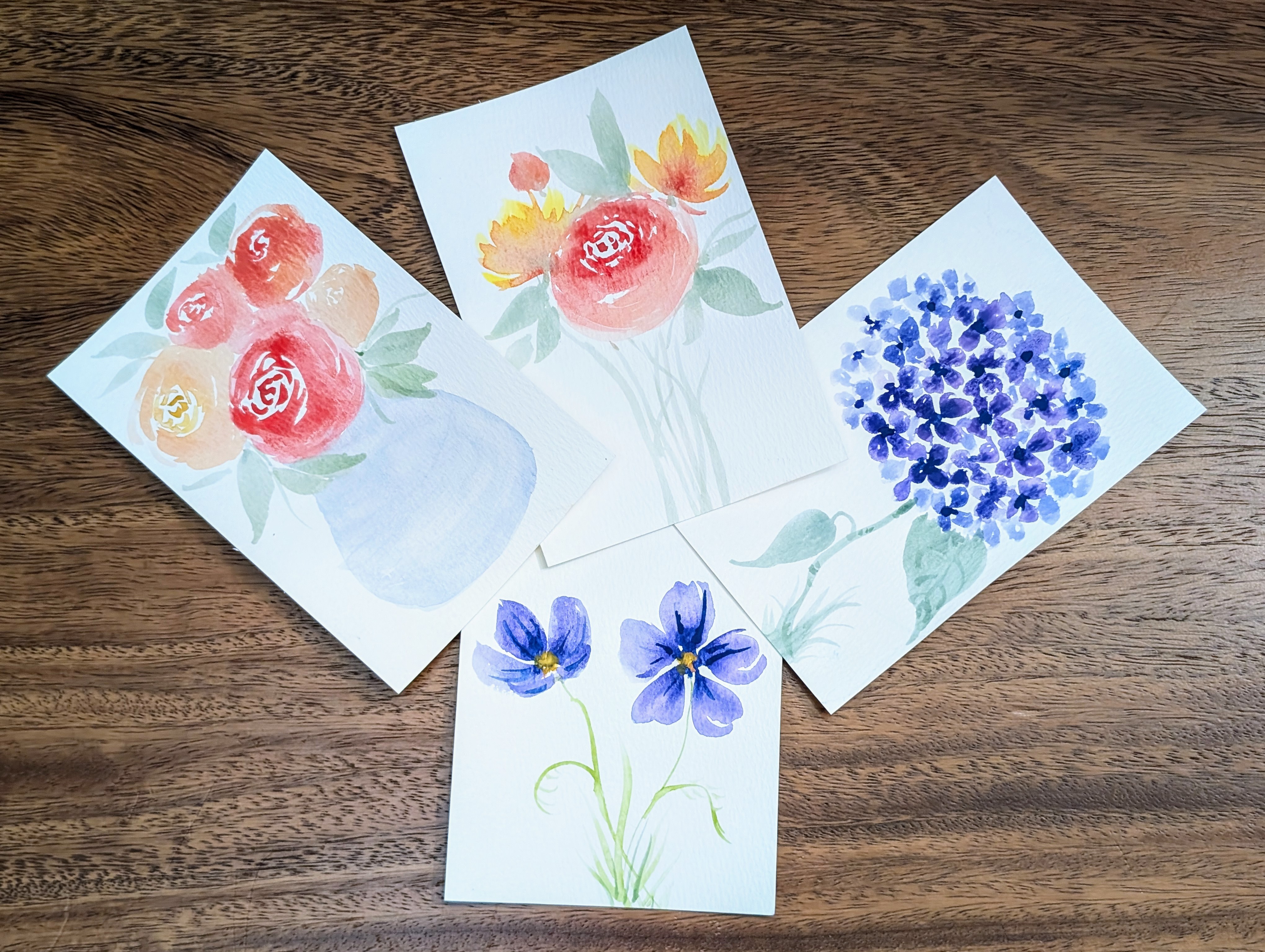 Hand Painted Floral Watercolor Postcards - 4 Pack