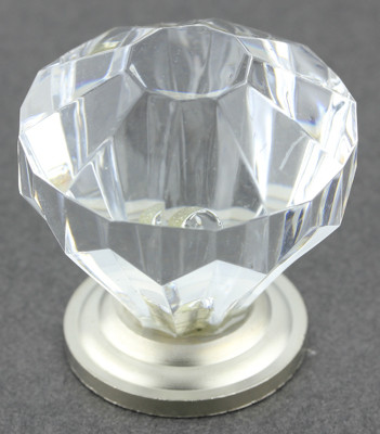 1-1/4" Diamond Cut Acrylic Knob Clear with Satin Nickel Base