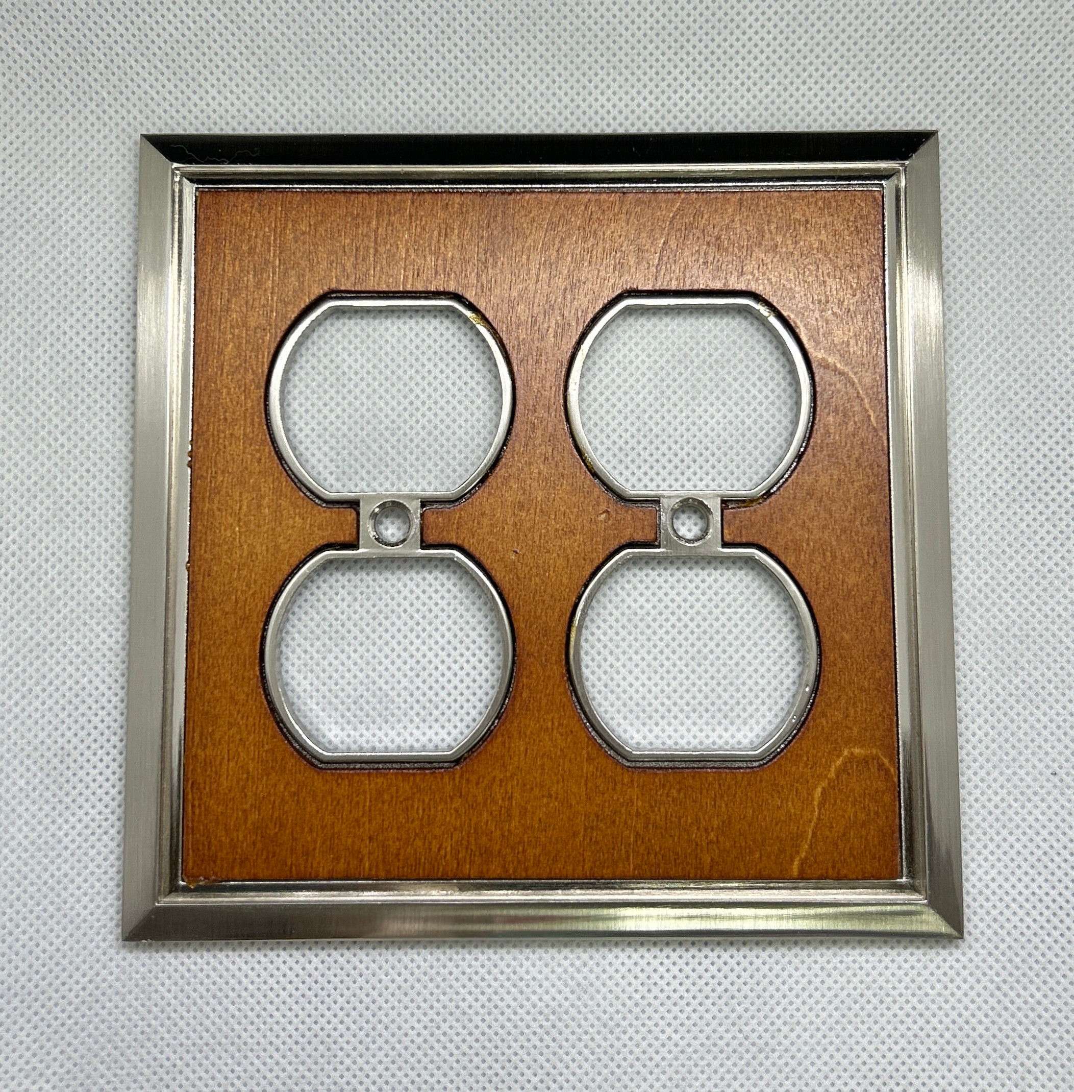 Wood Insert Double Duplex Wall Plate Dark Caramel and Satin Nickel