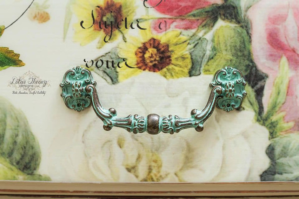 3-3/8" Lift Pull with Bead Center and Decorative Roses Antique Verdigris