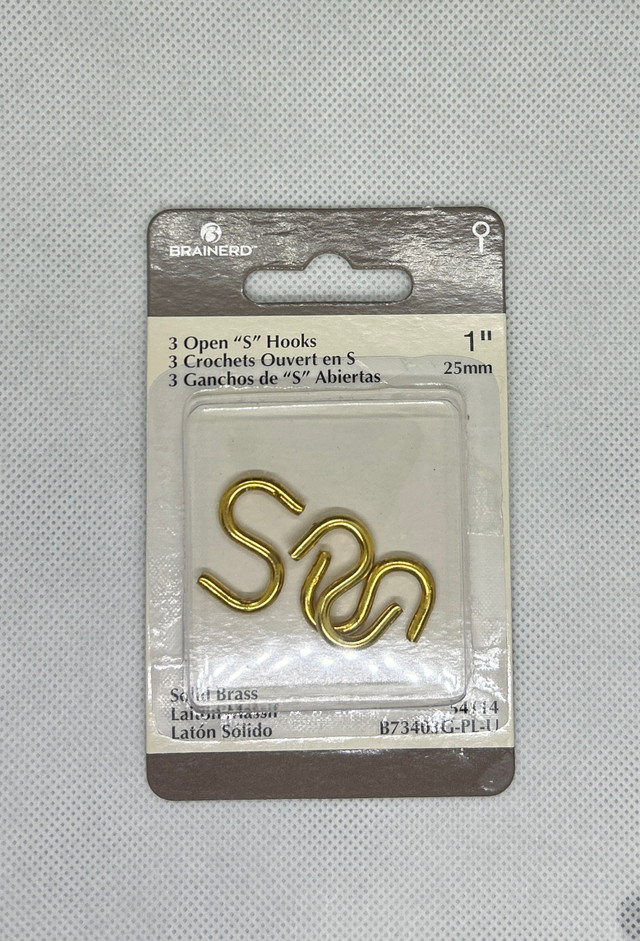 (3-pack) Open "S" Hooks Solid Brass