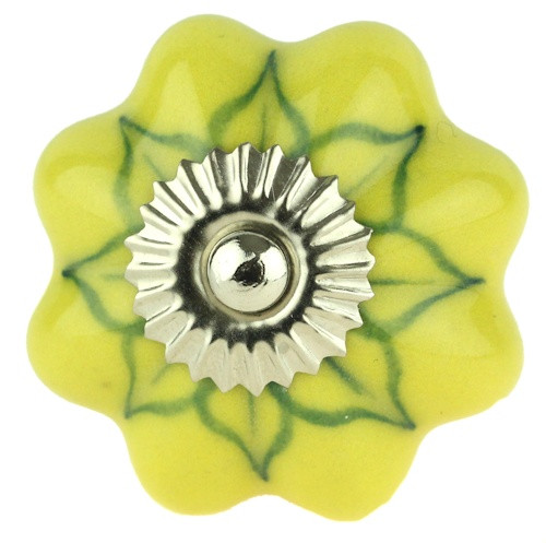 1-3/4" Ceramic Knob Yellow with Green Flower Design