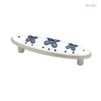 (12 Pack) 3" Ceramic Blue Flowers Pull Brushed Satin Nickel