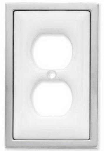 Single Duplex Outlet Wall Plate - White Ceramic with Chrome
