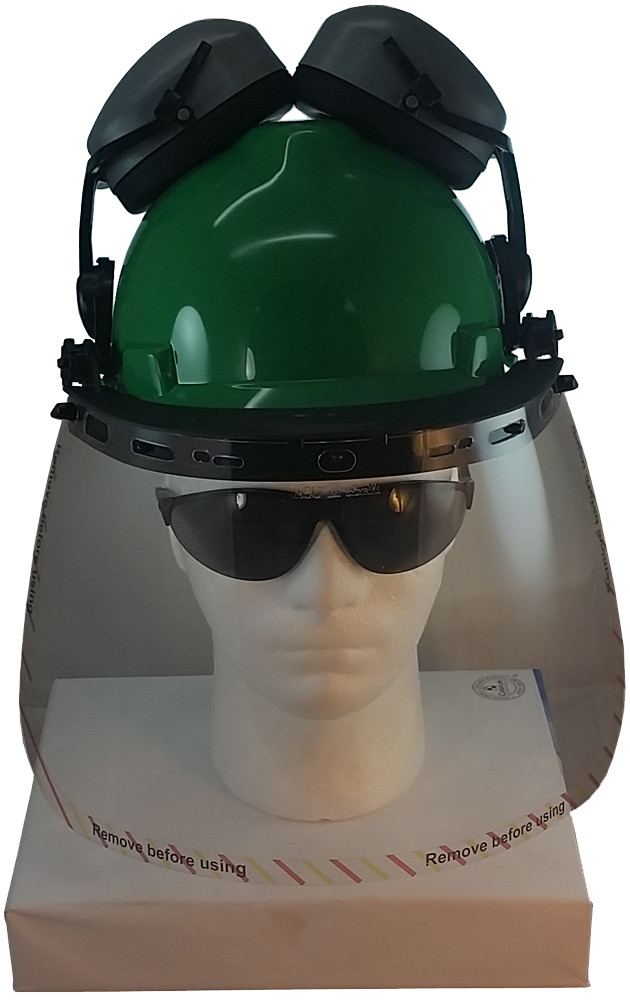 Green Hard Hat with Clear Faceshield & Earmuffs | Tasco-Safety.com