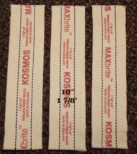 Kosmos Lamp Wicks - by MaxBrite in England - 10''' = 1 7/8'’ wide, 8'’ long