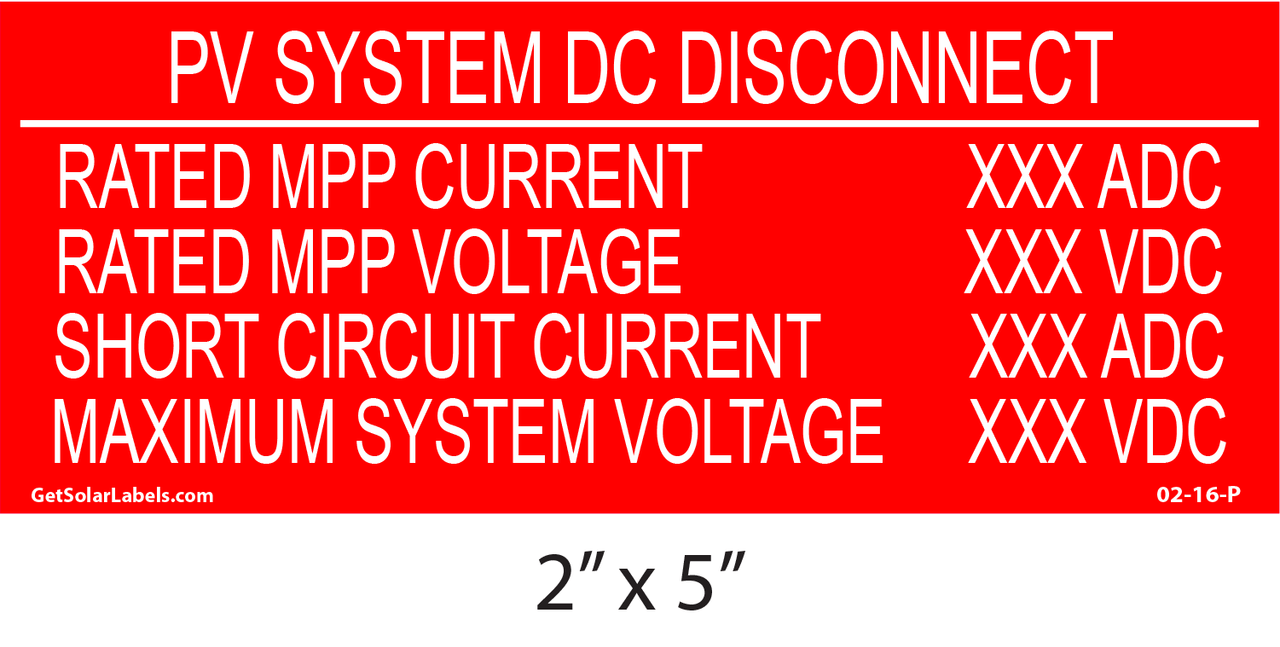 PV System DC Disconnect Rating Placard | Get Solar Labels