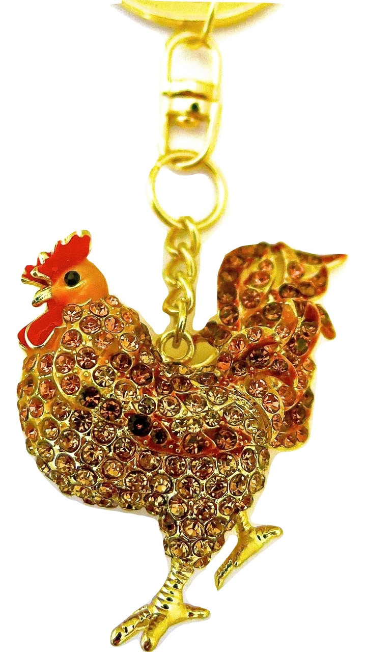 Rooster Keychain with Brown Crystals in Gold - Tone