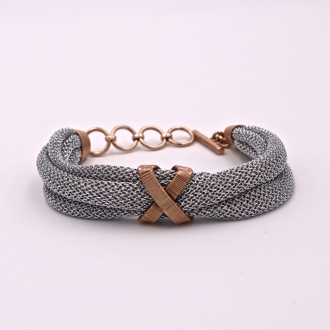 Adami & Martucci Silver Mesh Twisted Bracelet With Criss Cross Rose ...