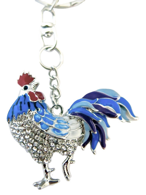 Rooster Keychain with Blue Enamel and Clear Crystals