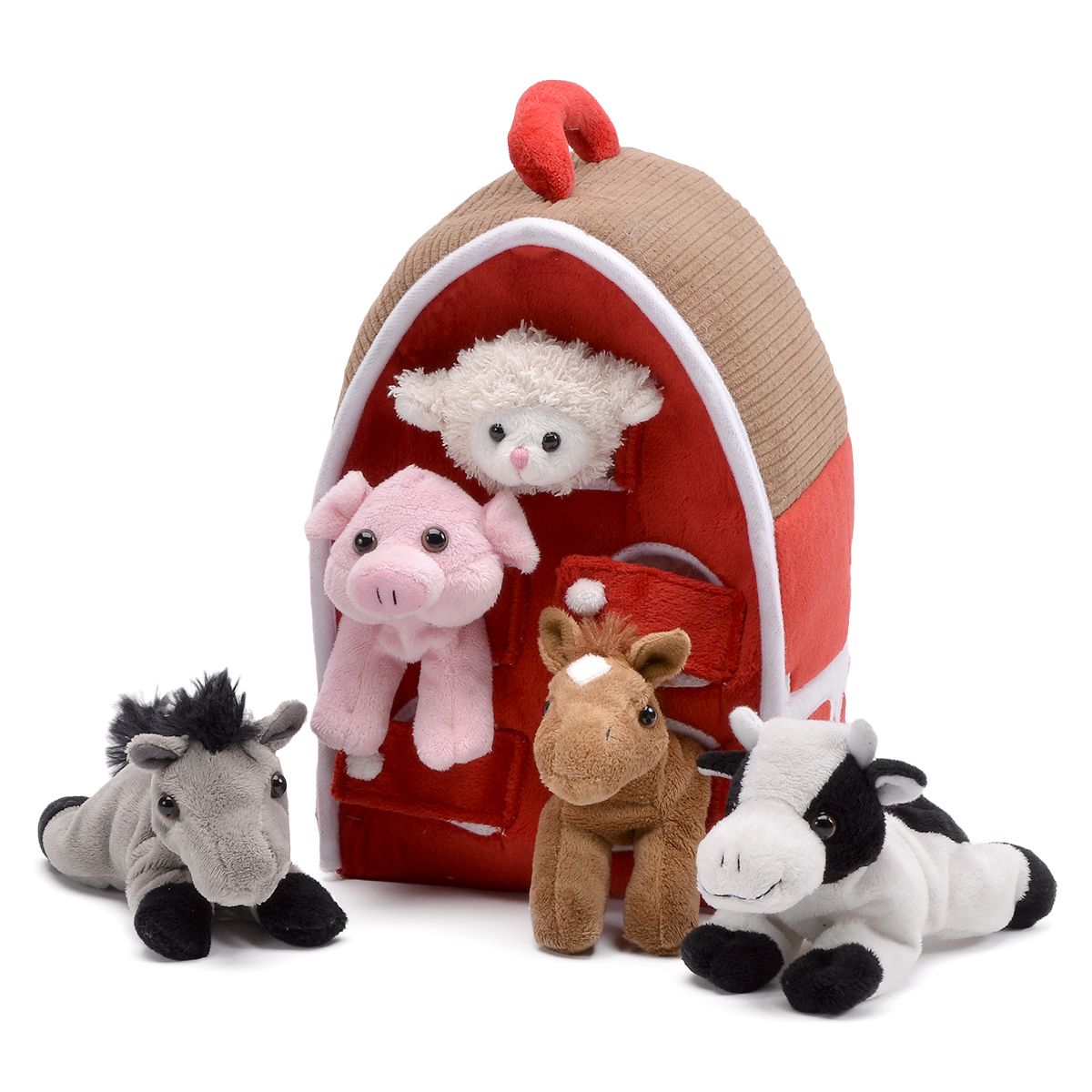 Red Plush Barn with Sheep, Cow, Pig, Grey Horse and Brown Horse