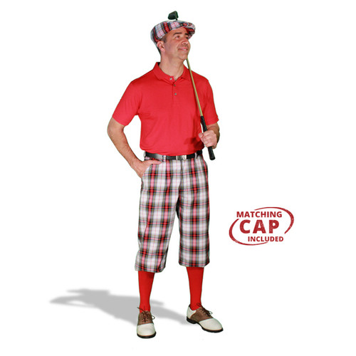 Golf Outfit - Mens Dress Stewart Plaid Golf Knickers & Red Shirt