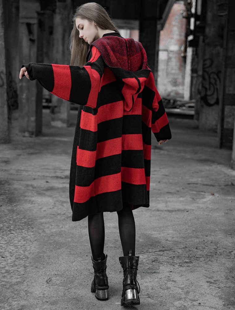 Punk Rave Slouch Knit Stripe Hoodie: Black / Red - Suicide Glam Australia