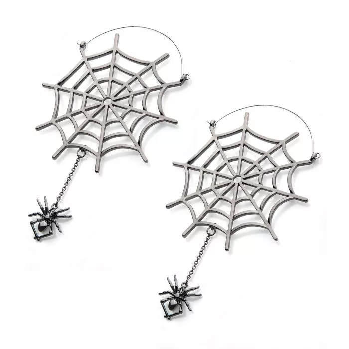 BodyVibe Silver Spider Web with Dangling Spider Plug Hoop Earrings ...