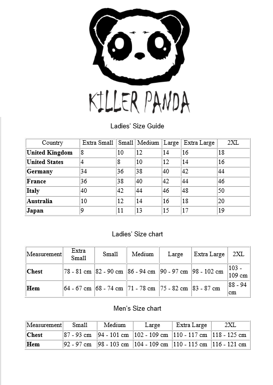 Killer Panda Size Chart Killer Panda Size Chart